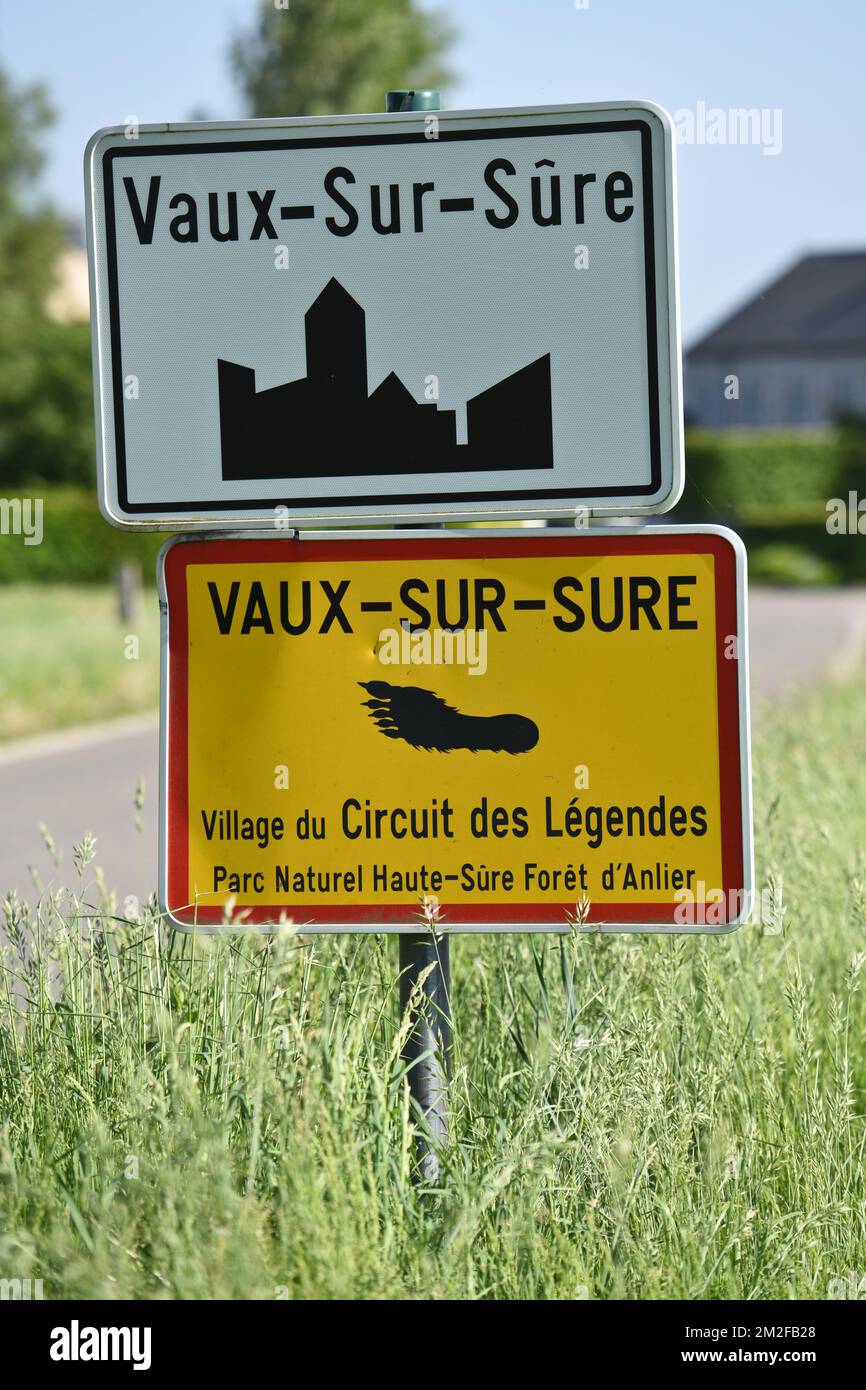 Illustration shows the name of the Vaux-Sur-Sure municipality on a road ...