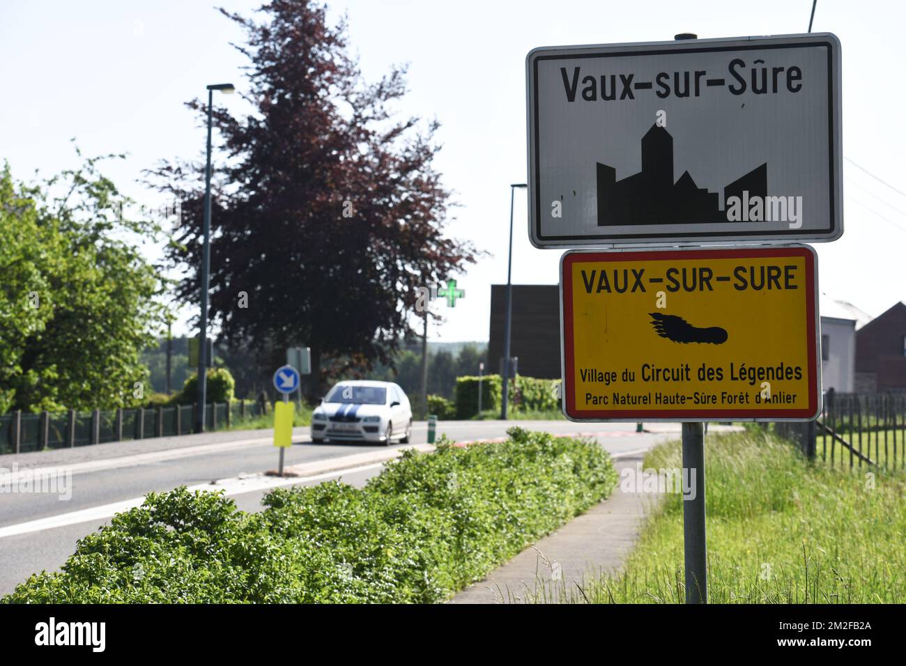 Illustration shows the name of the Vaux-Sur-Sure municipality on a road ...