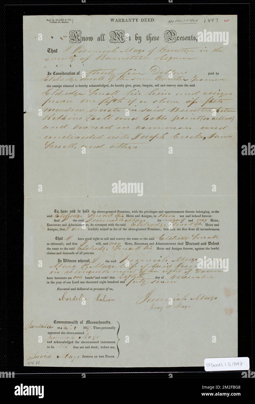 Deed of property in Brewster sold to Eldredge Small of Brewster by Jeremiah Mayo of Brewster ...