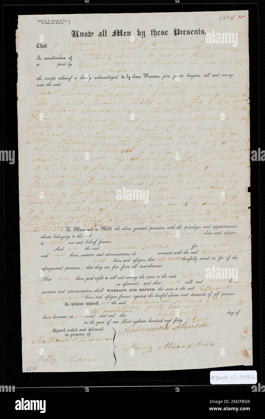 Deed of property in Brewster sold to Edward Freeman of Orleans by ...