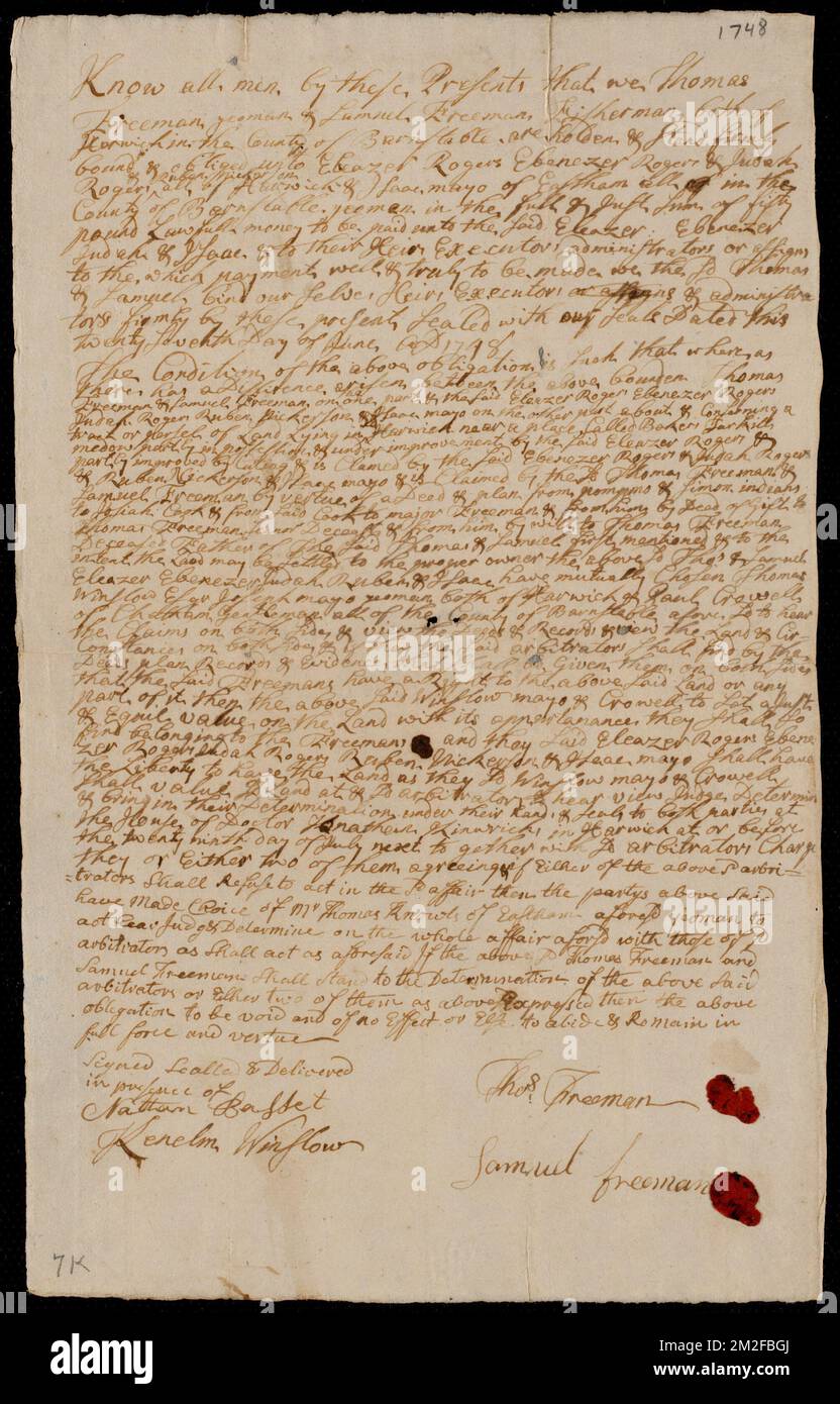 Deed of property in Barnstable sold to Samuel Freeman and Thomas ...