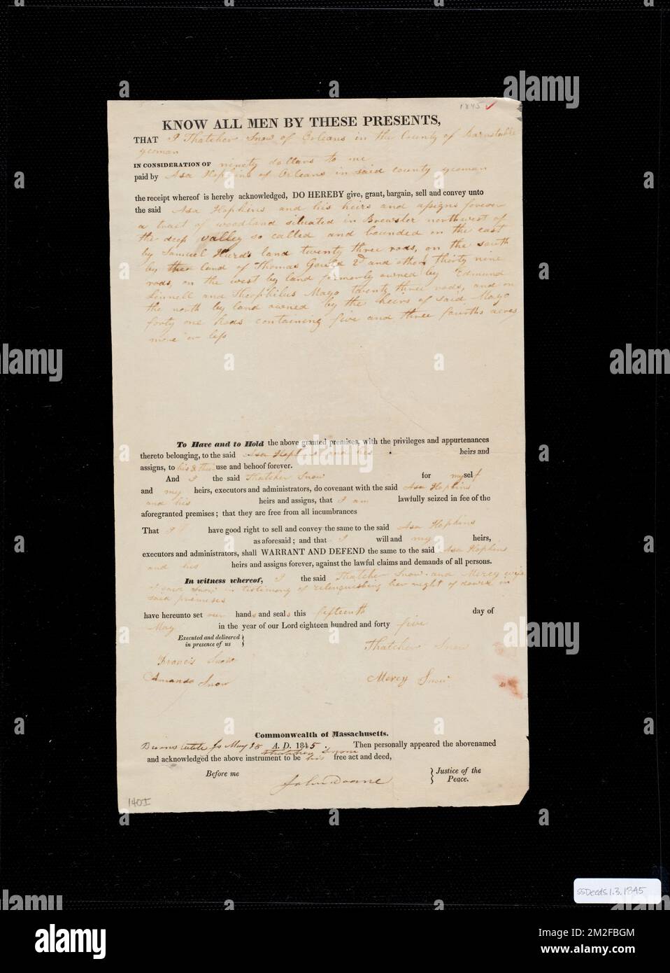 Deed of property in Brewster sold to Asa Hopkins of Orleans by Thatcher Snow of Orleans ...