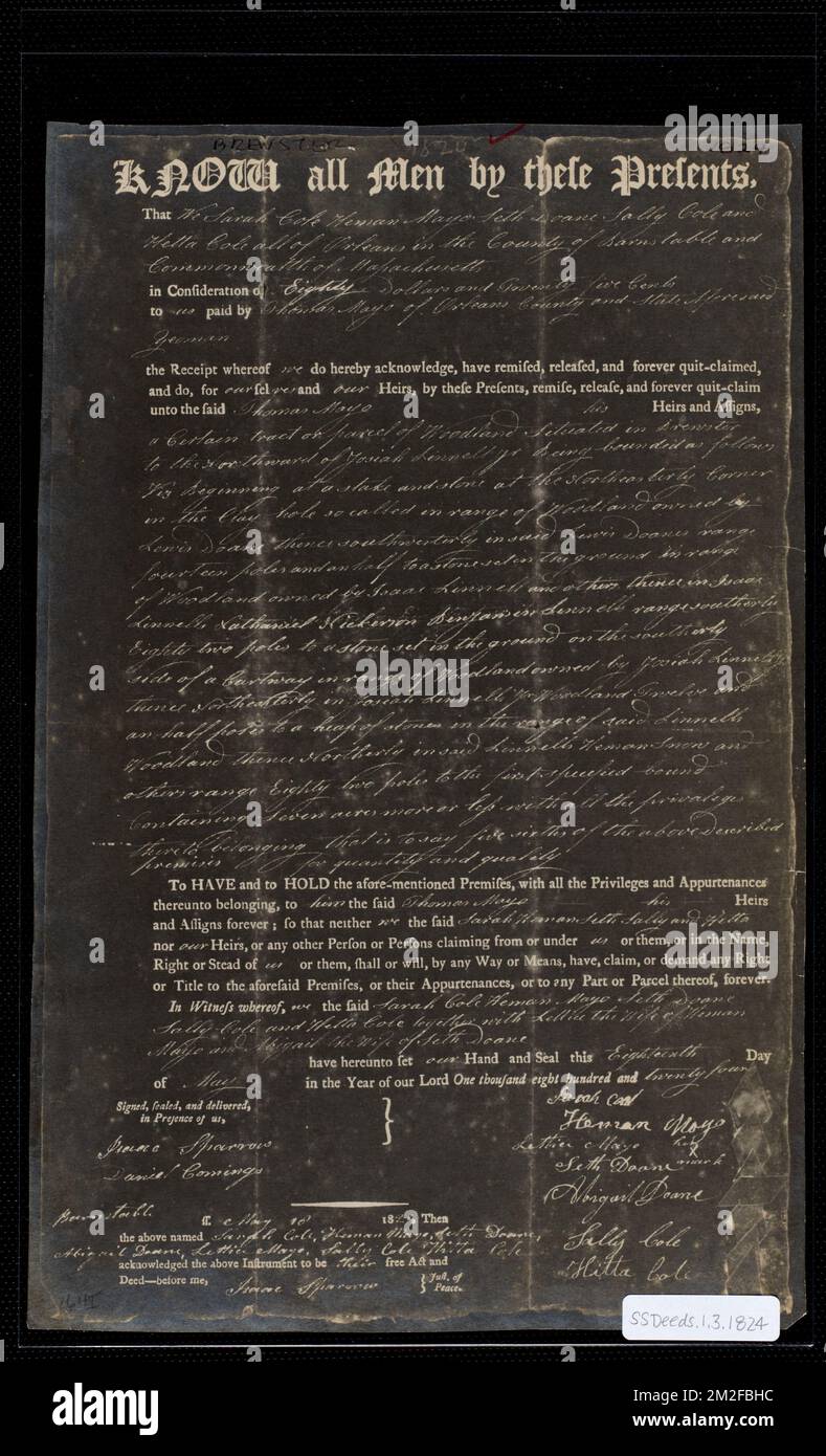 Deed of property in Brewster sold to Thomas Mayo of Orleans by Sarah Cole, Heman Mayo, Seth ...