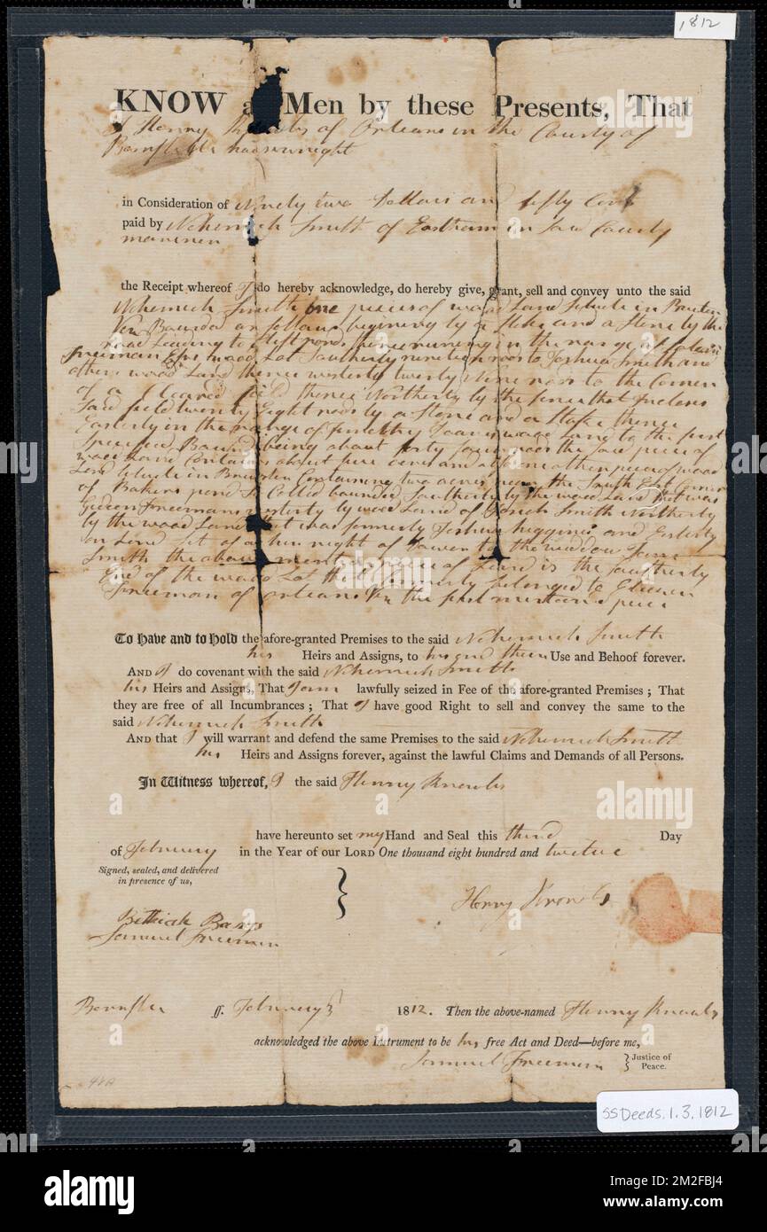Deed of property in Brewster sold to Nehemiah Smith of Eastham by Henry ...