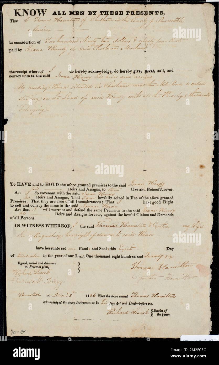 Deed of property in Chatham sold to Isaac Hardy of Chatham by Thomas Hamilton of Chatham ...
