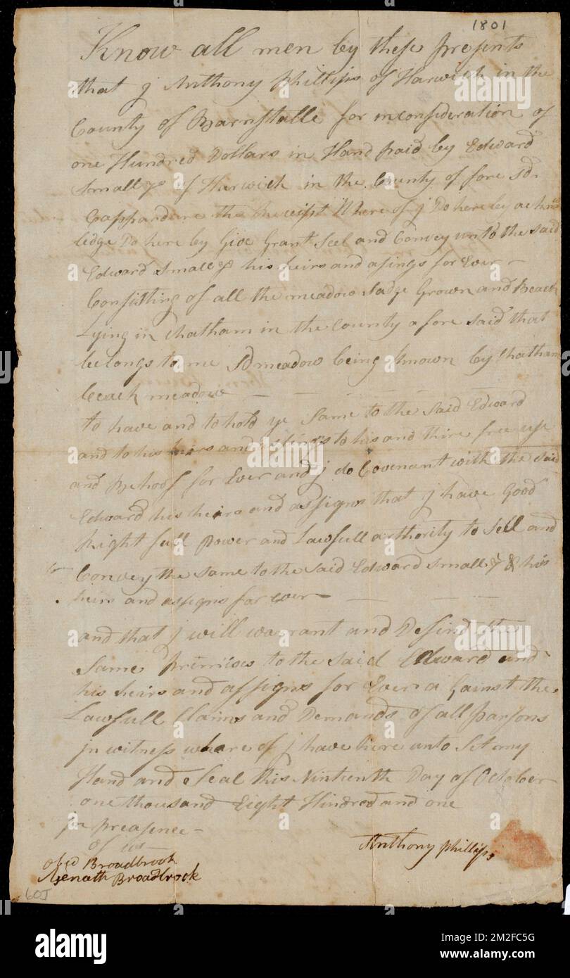 Deed of property in Chatham sold to Edward Small (or Smallye or Smally ...