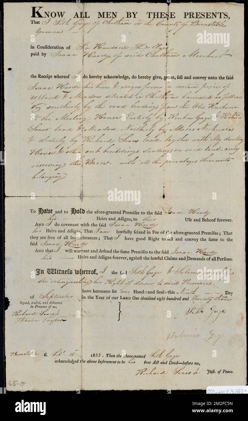 Deed of property in Chatham sold to Isaac Hardy of Chatham by Seth Gage ...