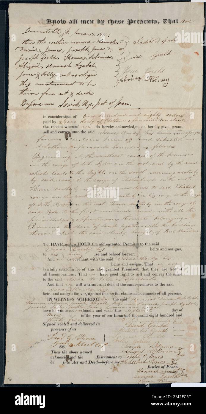 Deed of property in Chatham sold to Isaac Hardy of Chatham by James ...