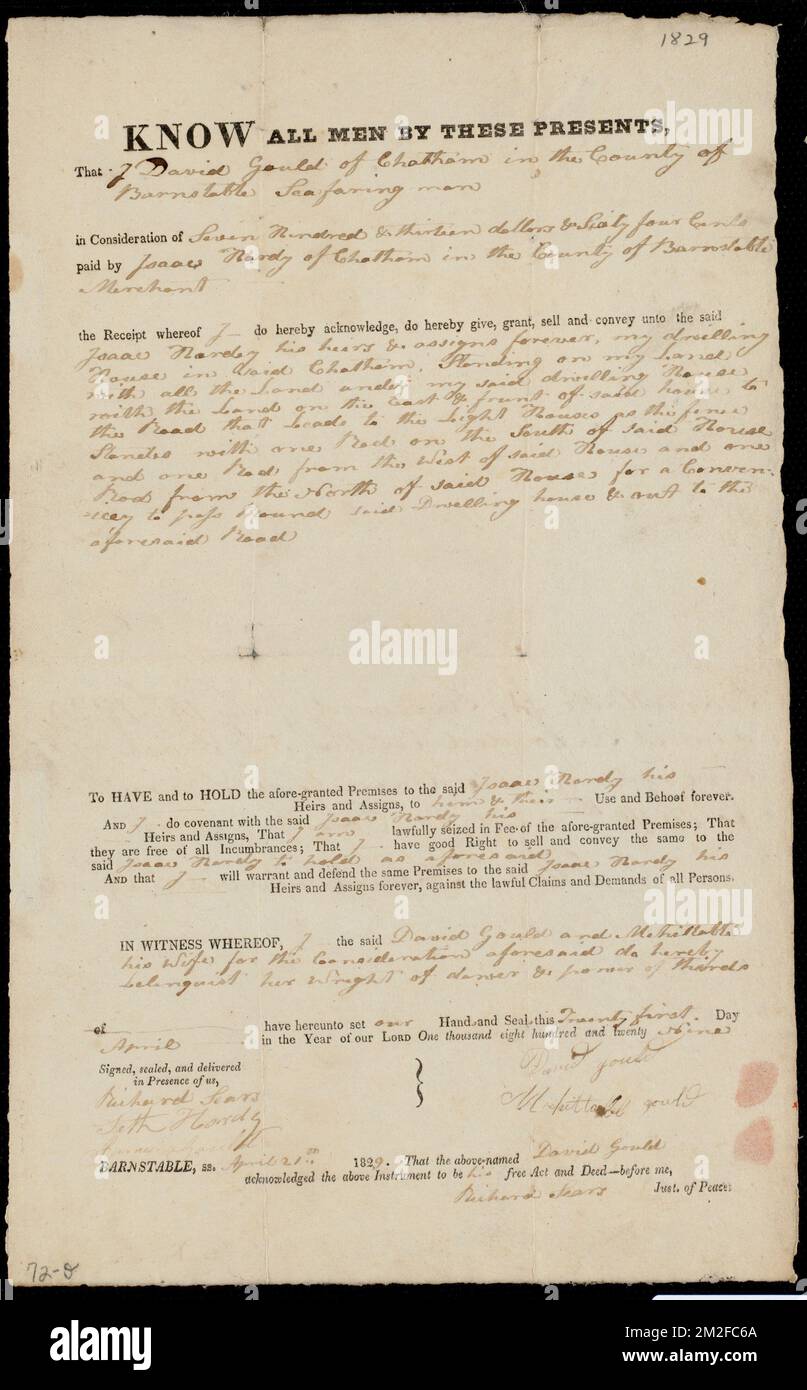 Deed of property in Chatham sold to Isaac Hardy of Chatham by David ...