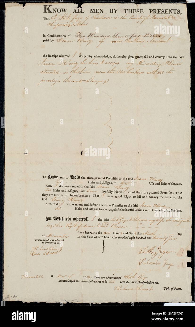 Deed of property in Chatham sold to Isaac Hardy of Chatham by Seth Gage ...