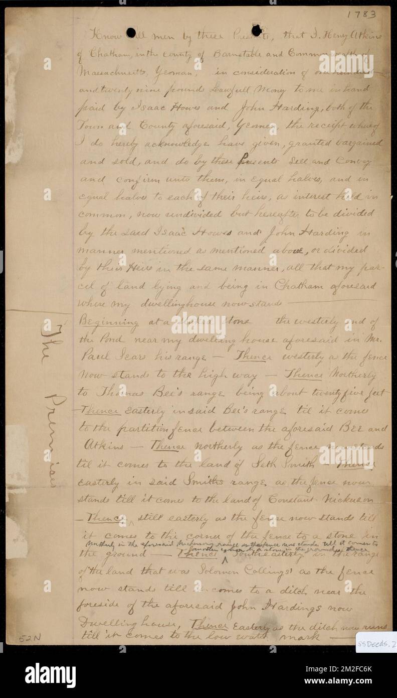 Deed of property in Chatham sold to Isaac Howes and John Harding of ...