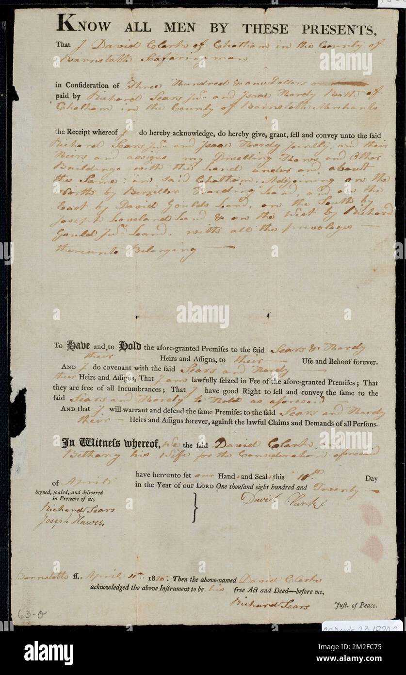 Deed of property in Chatham sold to Richard Sears Jr. and Isaac Hardy ...