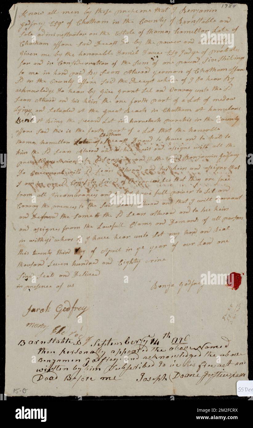 Deed of property in Chatham sold to Sears Atwood of Chatham by Benjamin ...