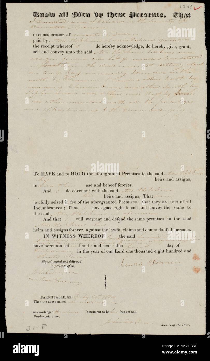 Deed of property in Eastham sold to Asa Hopkins of Orleans by Lewis ...