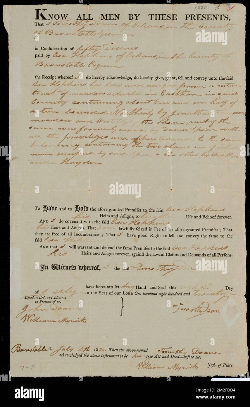 Deed of property in Eastham sold to Asa Hopkins of Orleans by Timothy ...