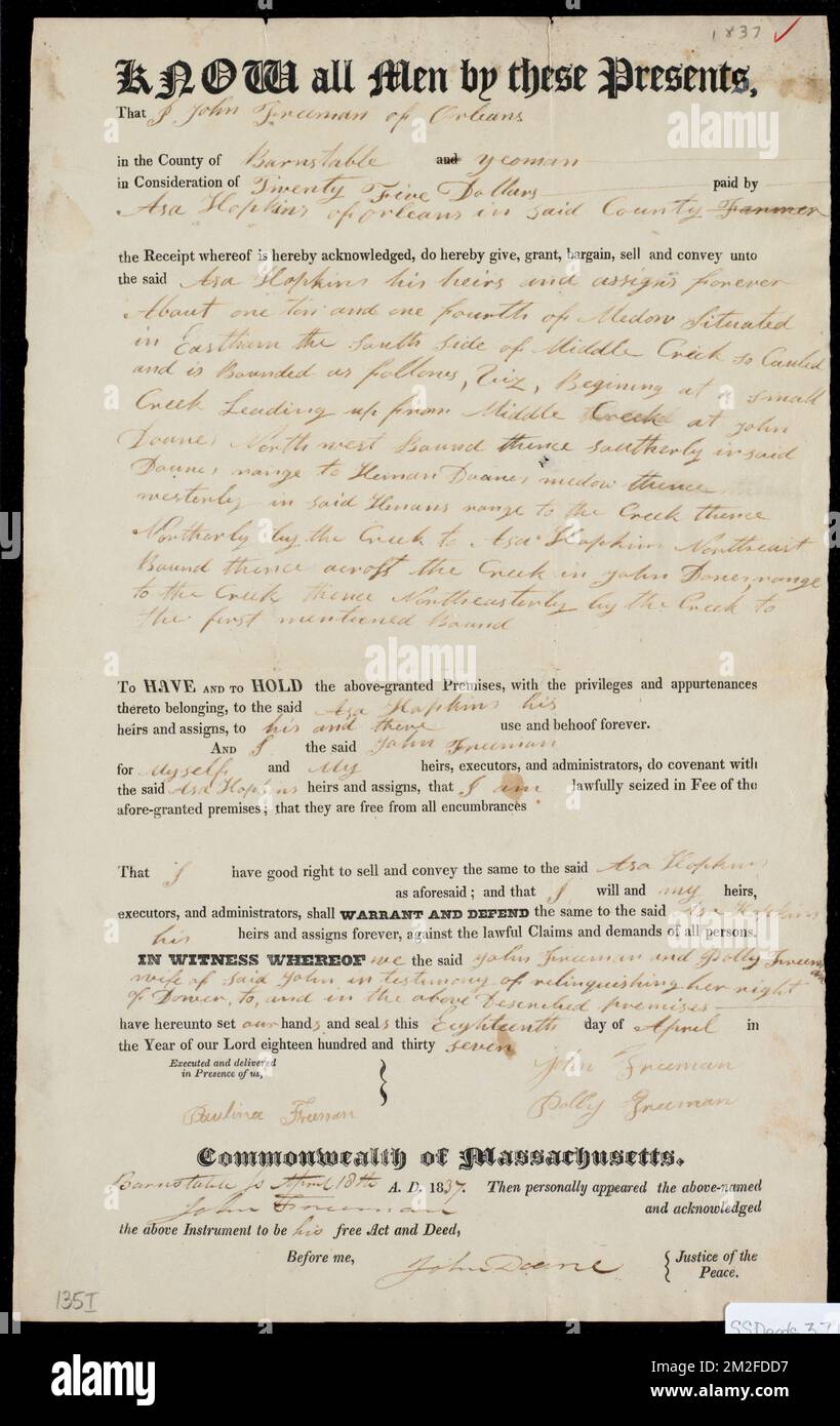 Deed of property in Eastham sold to Asa Hopkins of Orleans by J. John ...