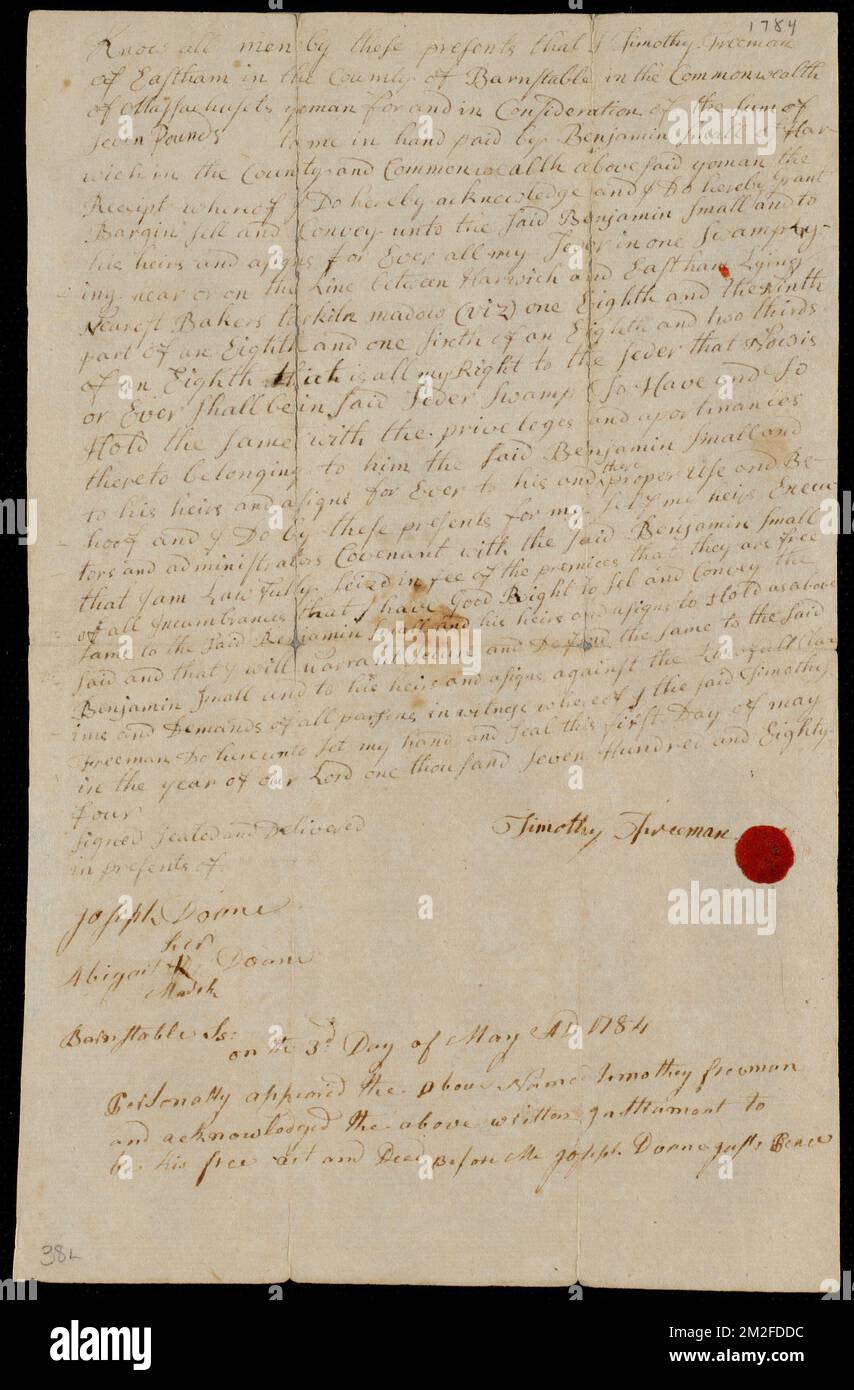 Deed of property in Eastham sold to Benjamin Small of Harwich by ...