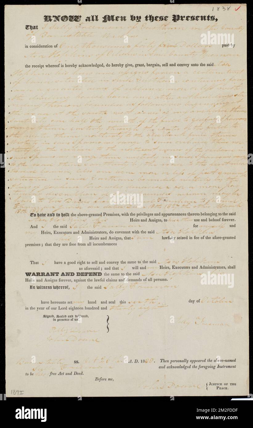 Deed of property in Eastham sold to Asa Hopkins of Orleans by Sally ...