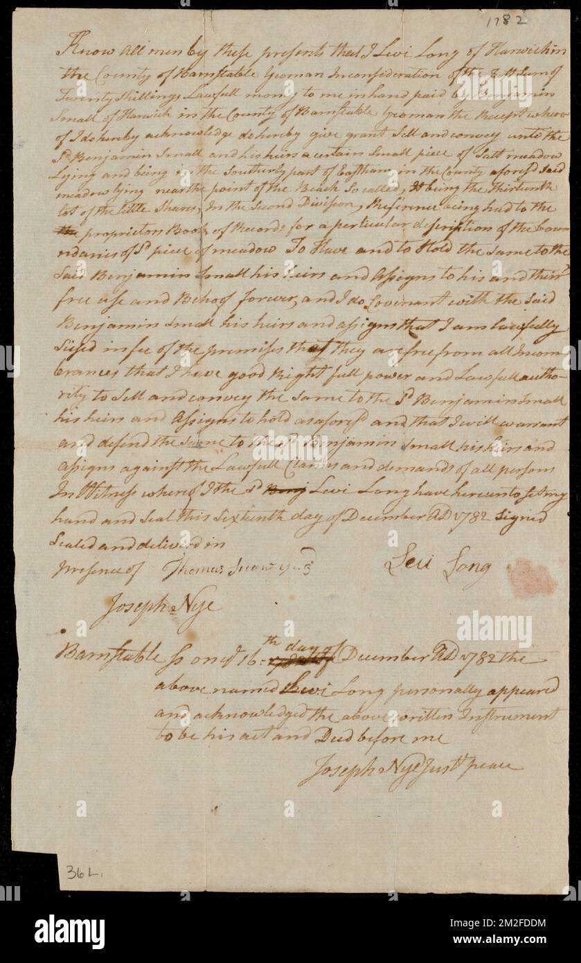 Deed of property in Eastham sold to Benjamin Small by Levi Long of ...