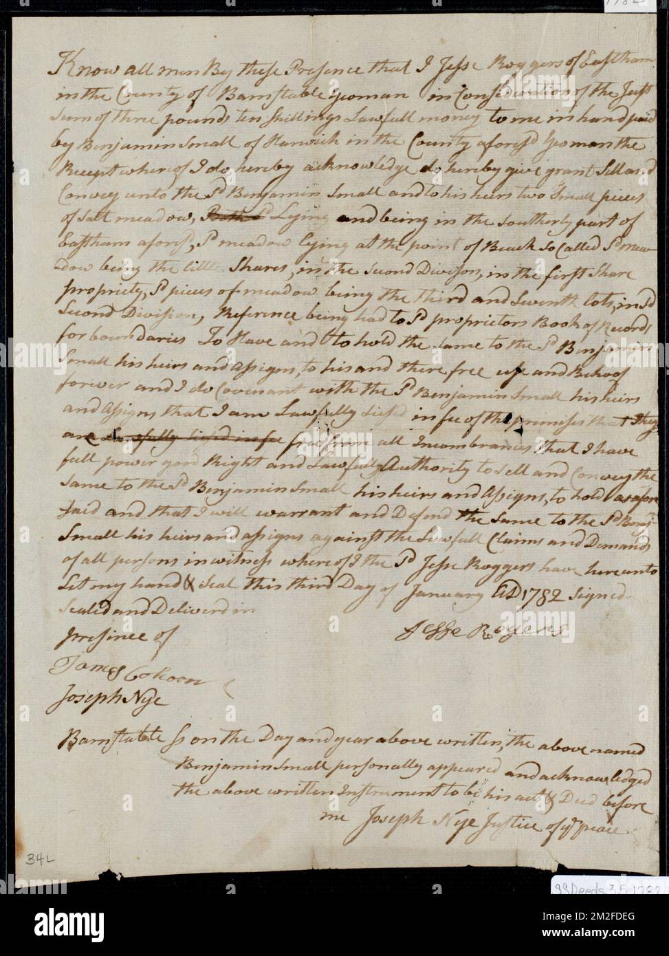 Deed of property in Eastham sold to Benjamin Small by Jesse Rogers of ...