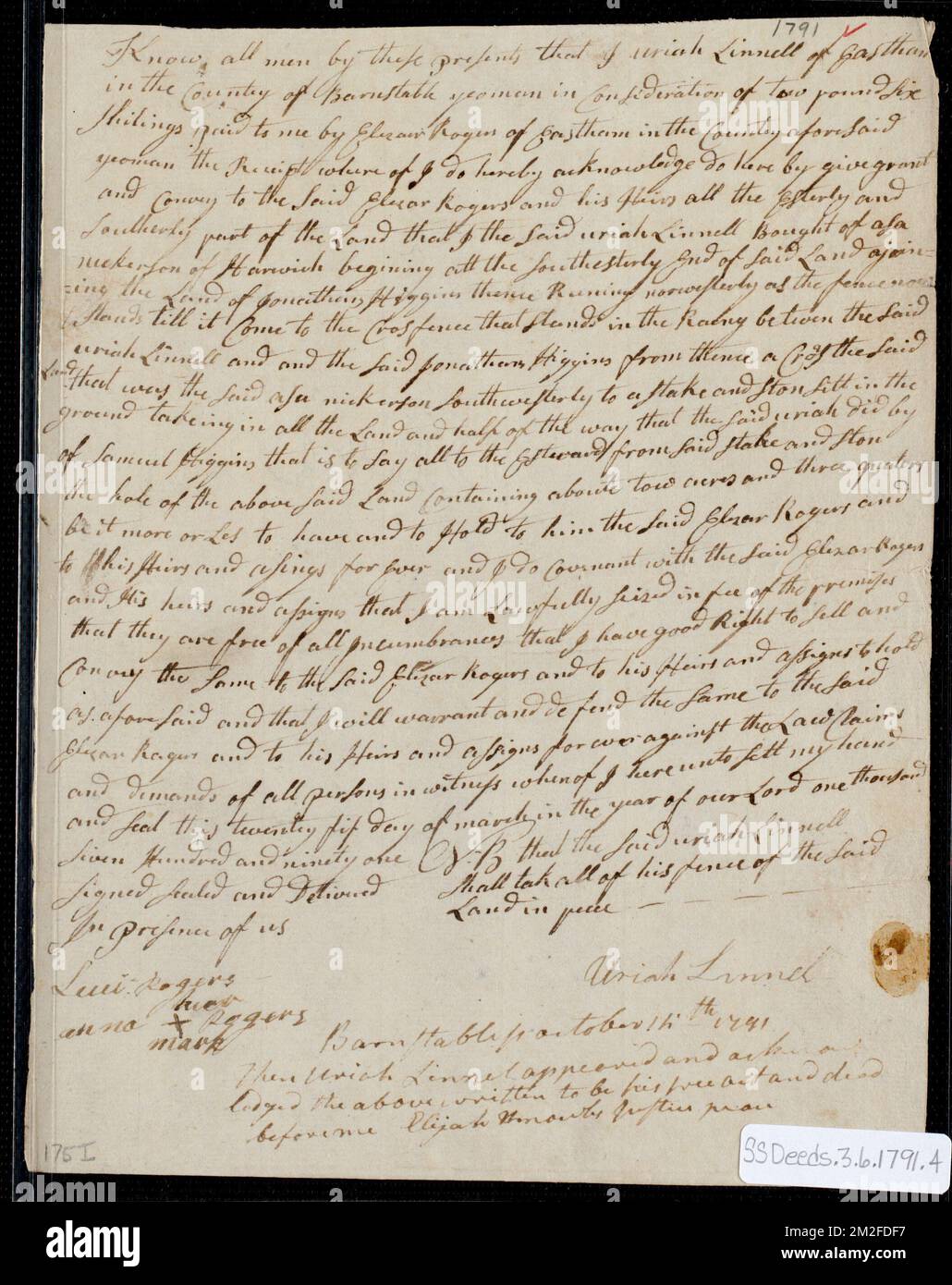 Deed of property in Eastham sold to Elesar Rogers of Eastham by Uriah ...