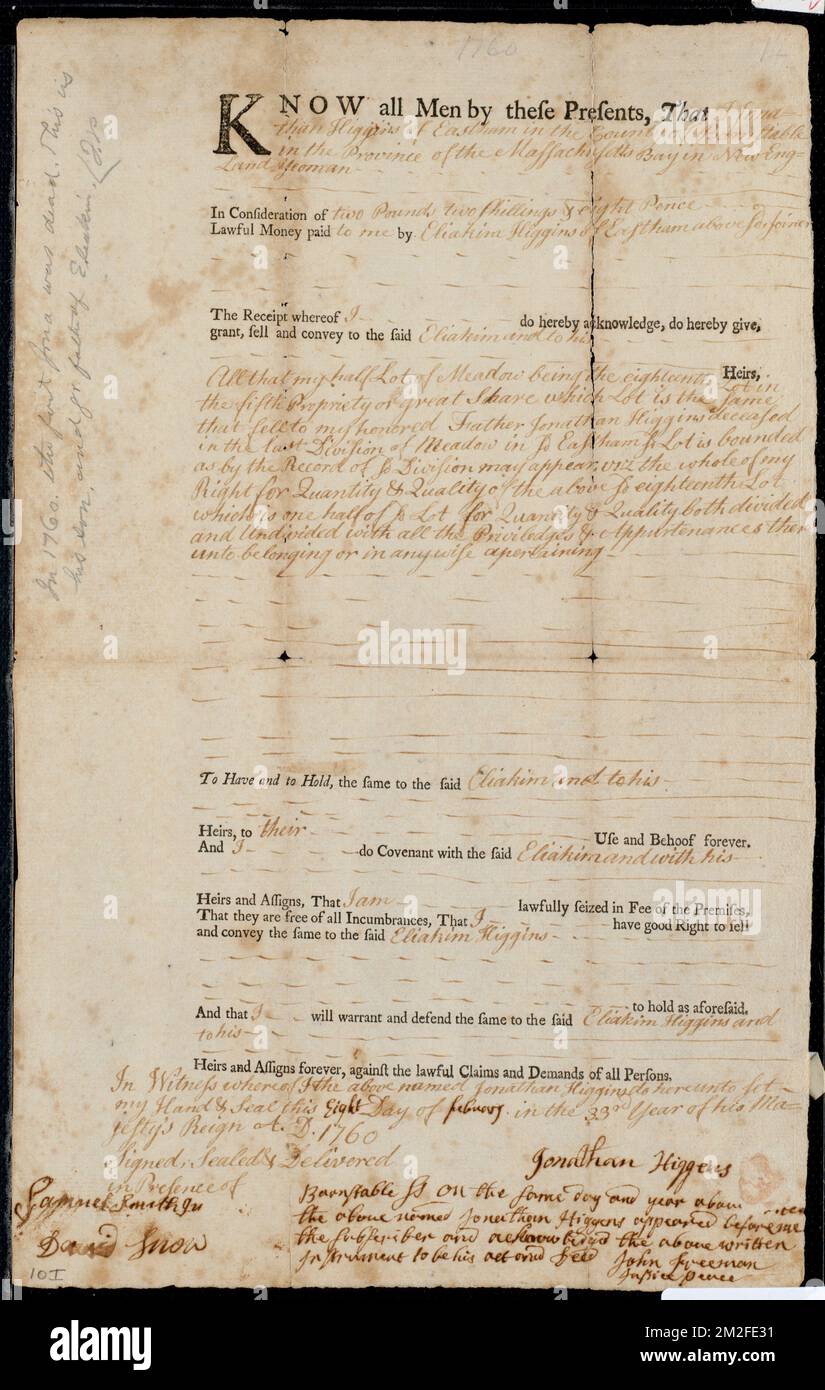 Deed of property in Eastham sold to Eliakim Higgins of Eastham by ...
