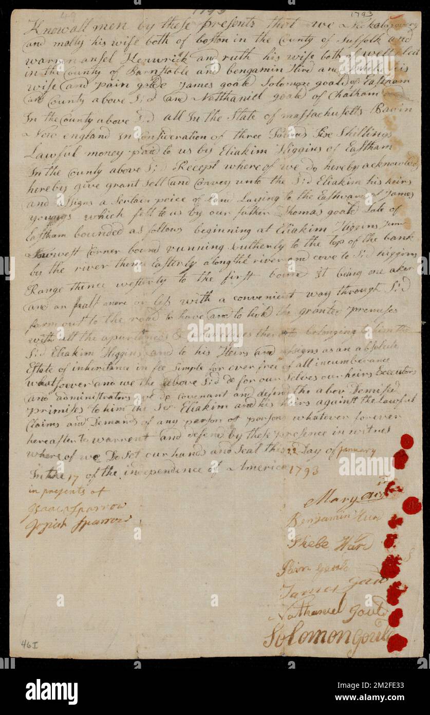 Deed of property in Eastham sold to Eliakim Higgins of Eastham by ...