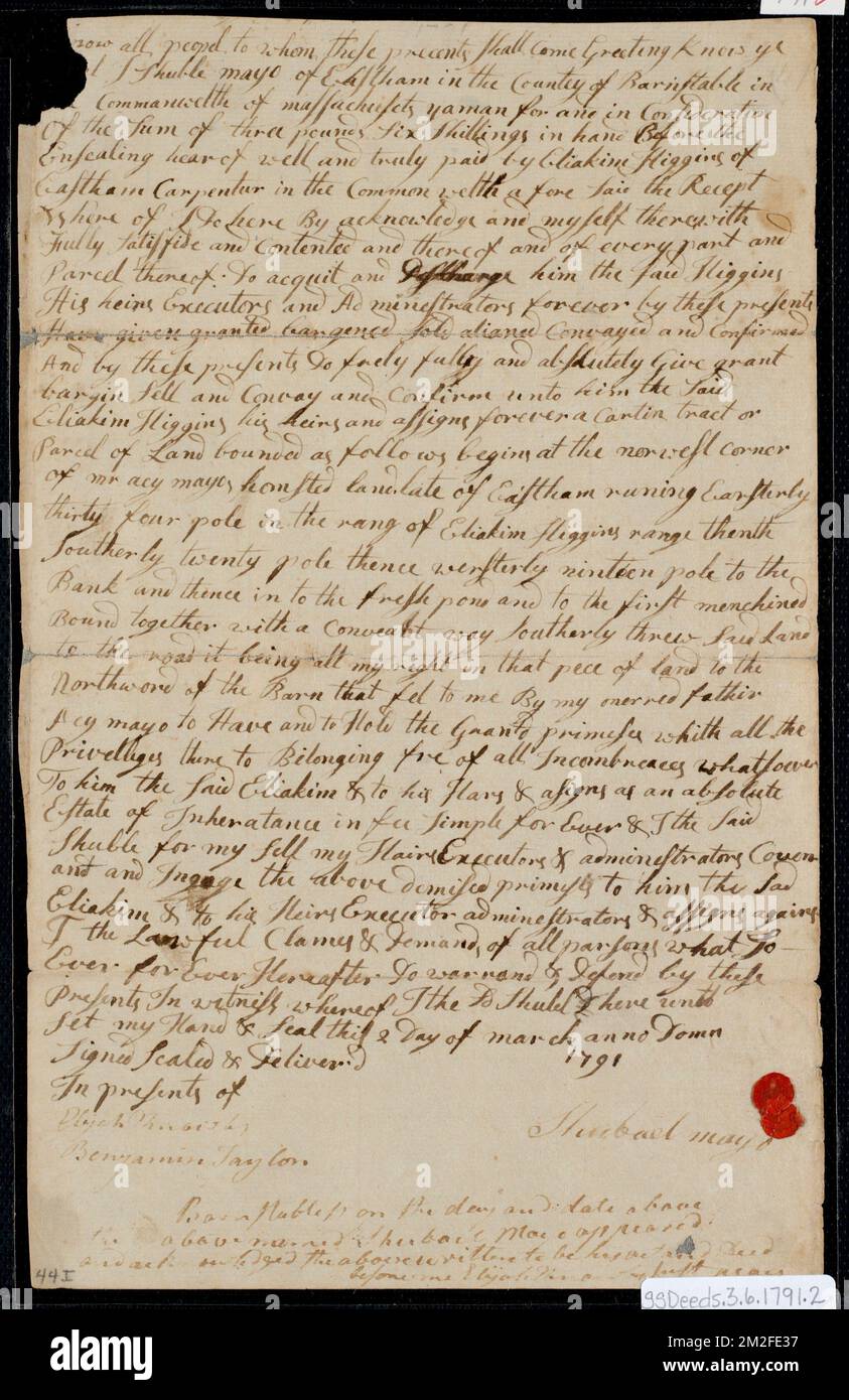 Deed of property in Eastham sold to Eliakim Higgins of Eastham by ...