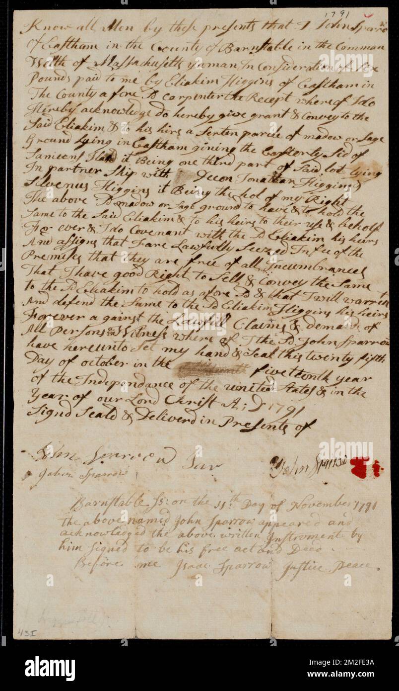 Deed of property in Eastham sold to Eliakim Higgins of Eastham by John ...