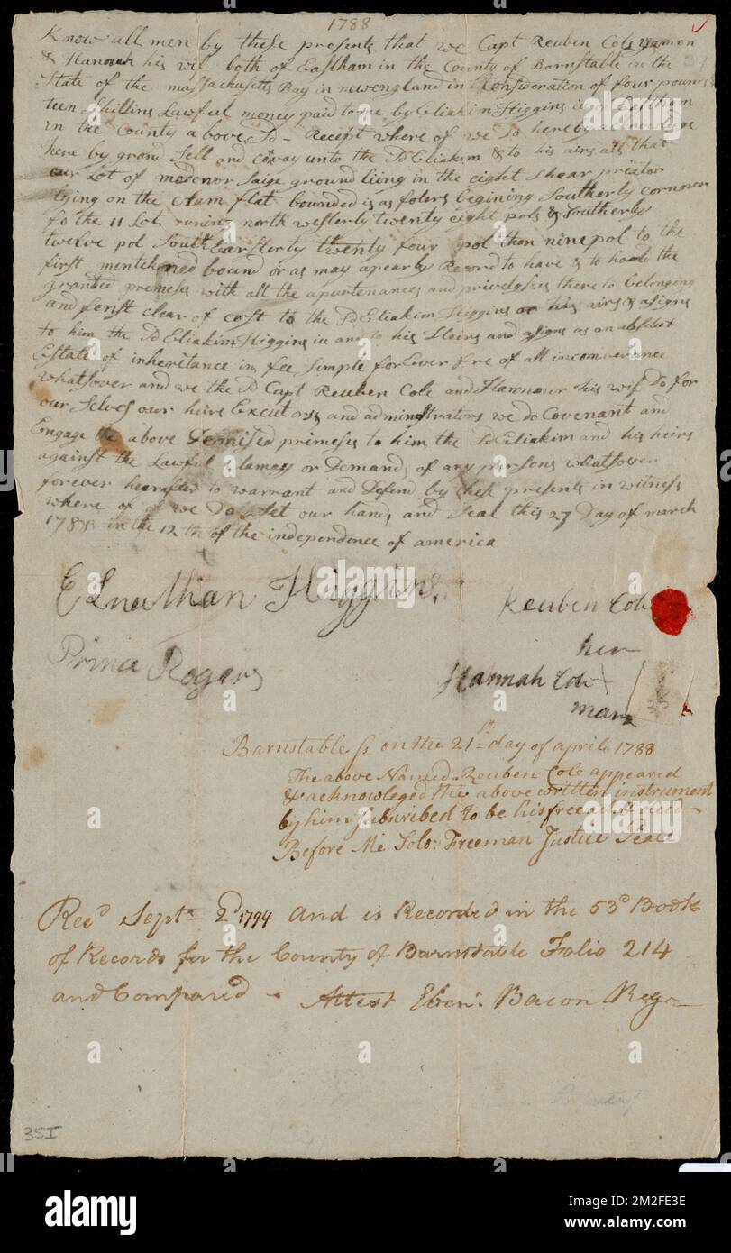 Deed of property in Eastham sold to Eliakim Higgins of Eastham by Capt ...