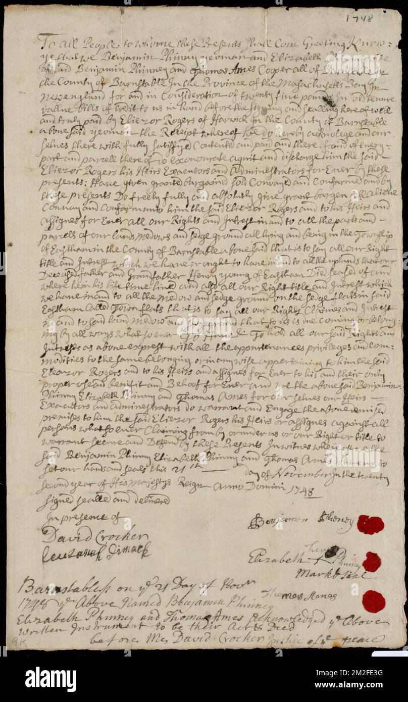 Deed of property in Eastham sold to Eliezor Rogers of Harwich by ...