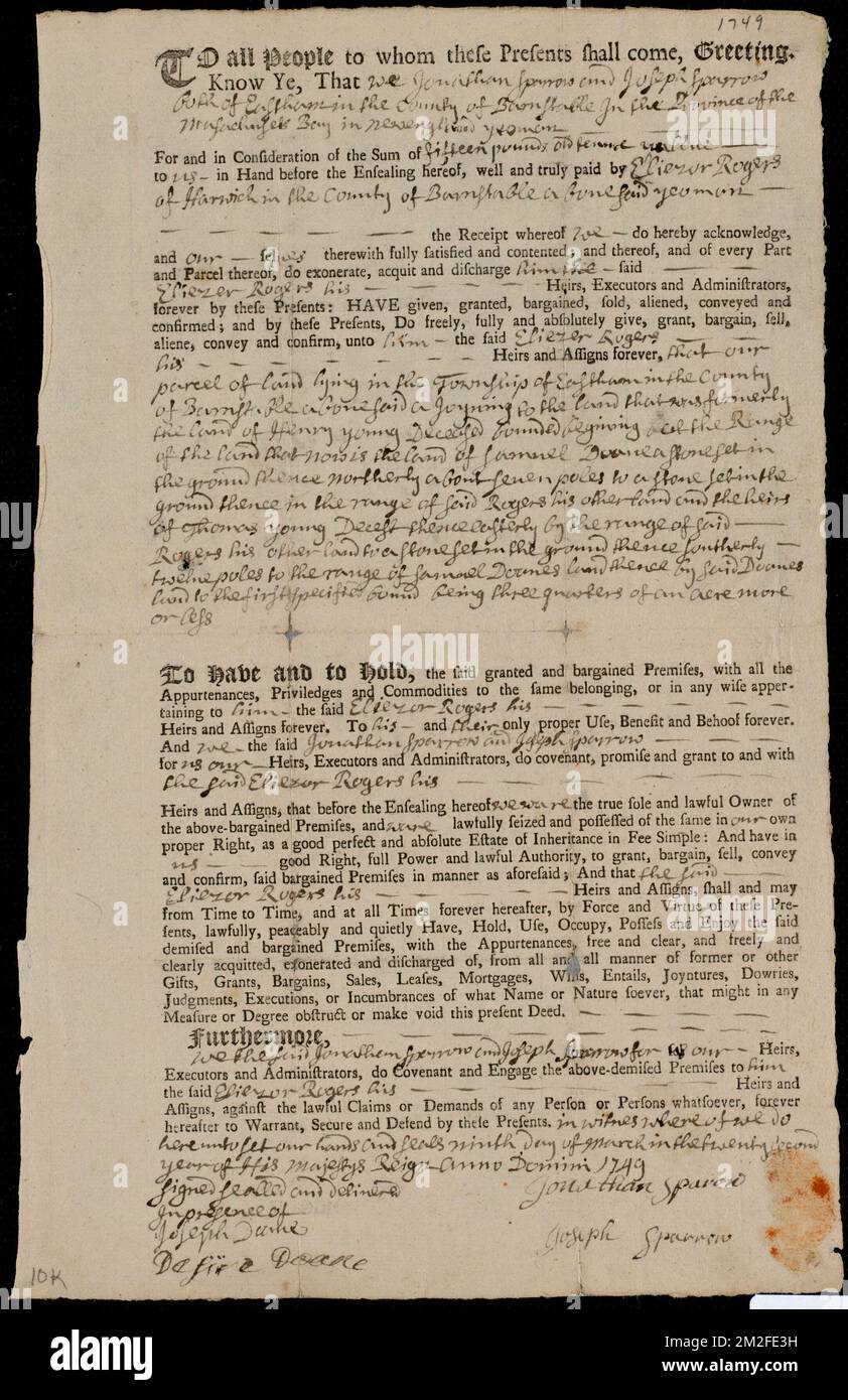 Deed of property in Eastham sold to Eliezor Rogers of Harwich by ...