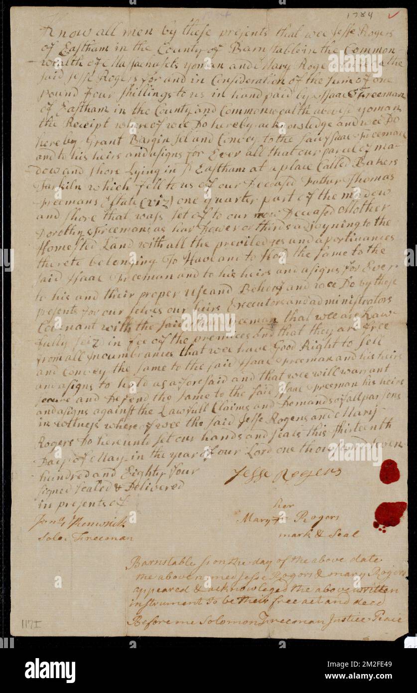 Deed of property in Eastham sold to Isaac Freeman of Eastham by Jesse ...