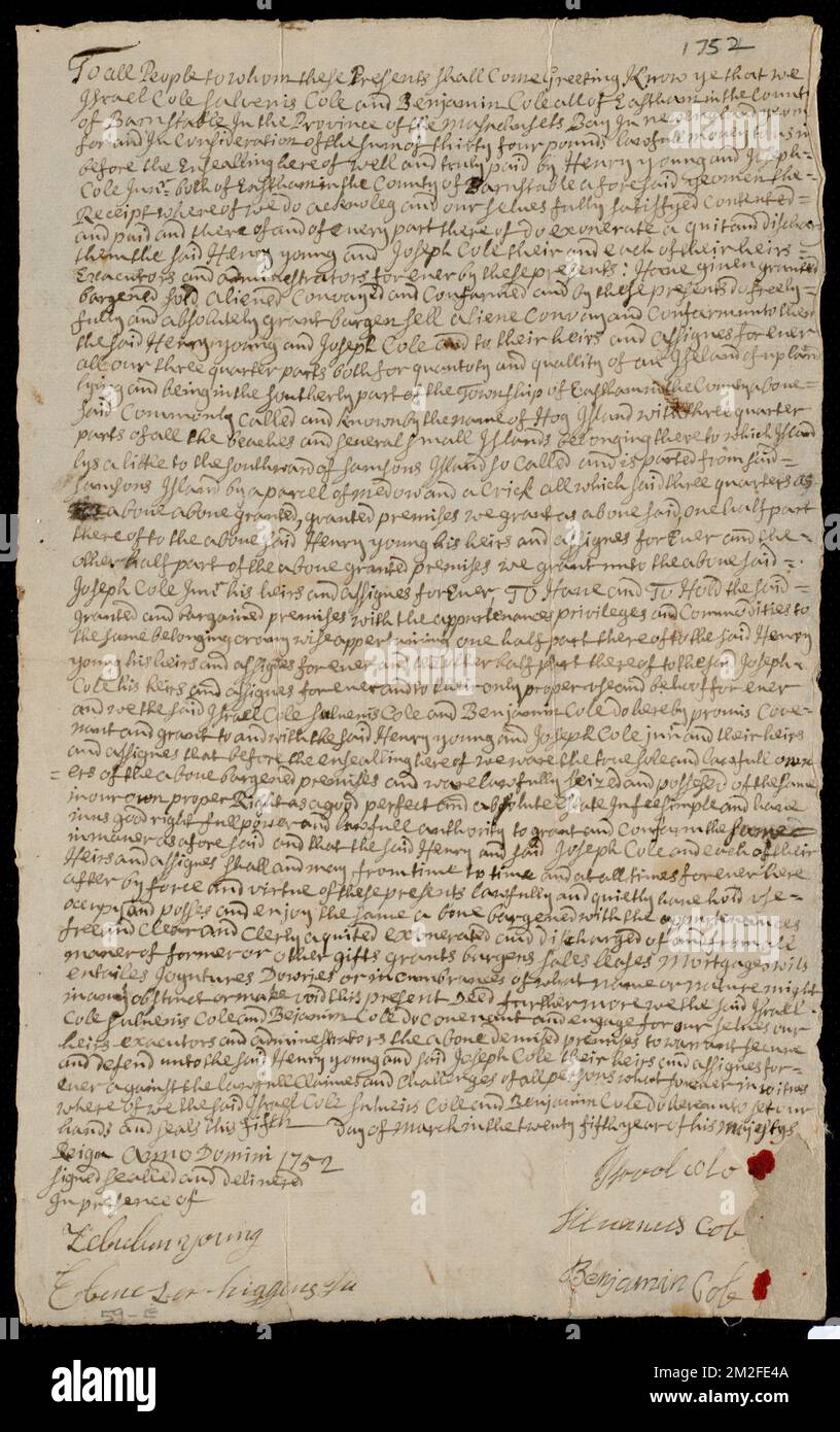 Deed of property in Eastham sold to Henry Young and Joseph Cole Jr. of ...