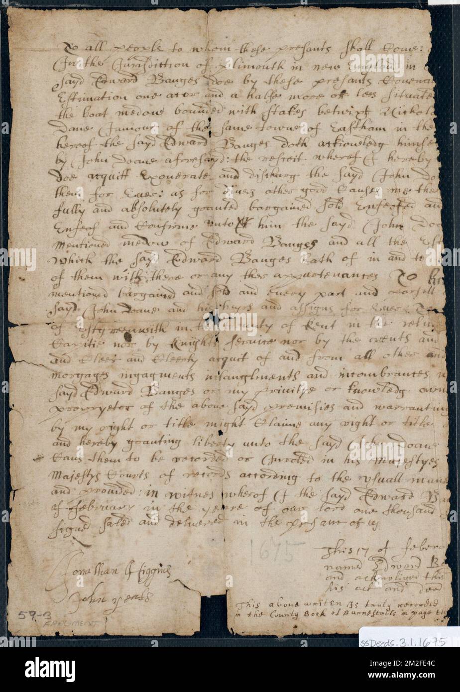 Deed of property in Eastham sold to John Doane (Junior?) of Eastham ...