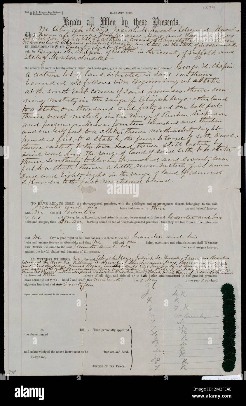 Deed of property in Eastham sold to George H. Chapin of Boston by ...