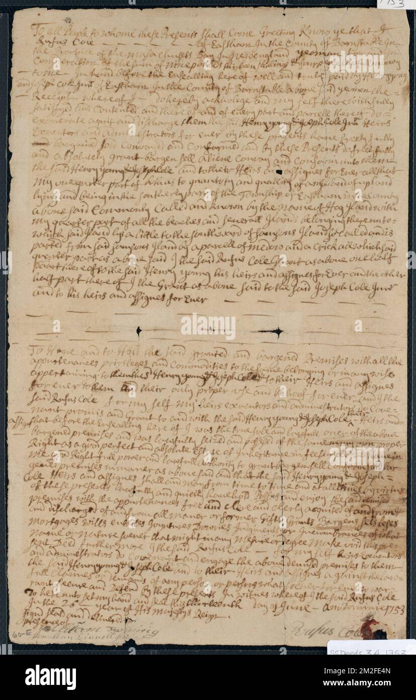 Deed of property in Eastham sold to Henry Young and Joseph Cole Jr. of ...