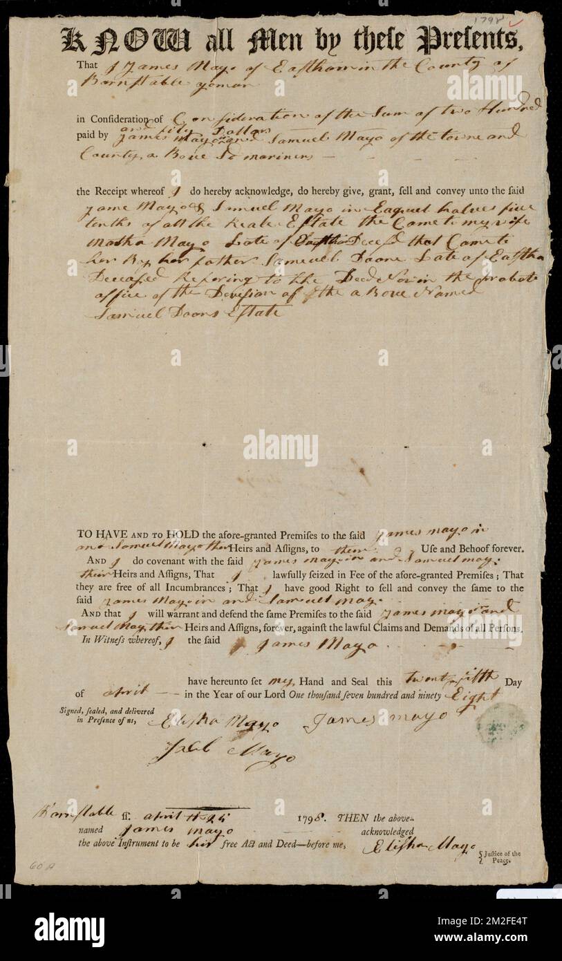 Deed of property in Eastham sold to James Mayo Jr. and Samuel Mayo of ...