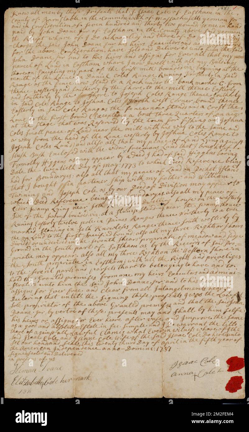 Deed of property in Eastham sold to John Doane Jr. of Eastham by Isaac ...