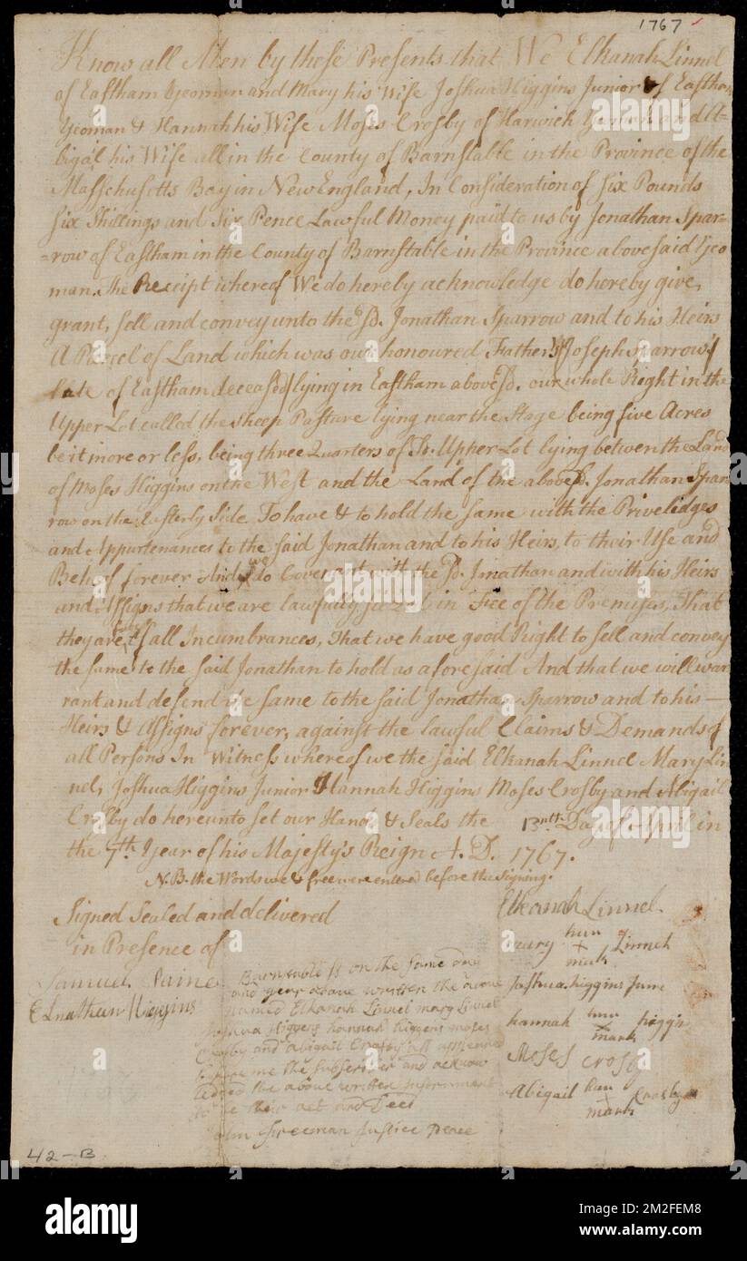 Deed of property in Eastham sold to Jonathan Sparrow of Eastham by ...