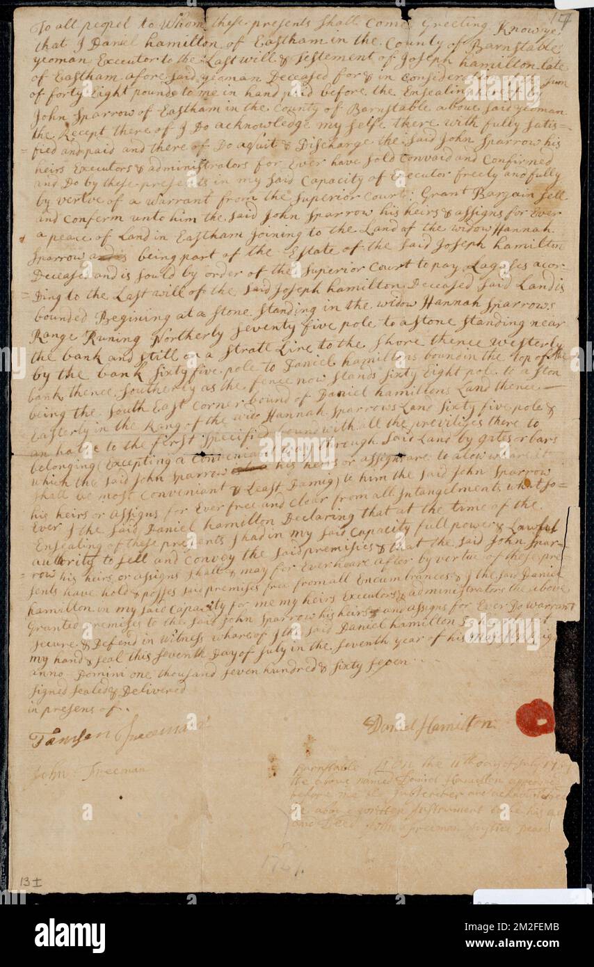 Deed of property in Eastham sold to John Sparrow of Eastham by Daniel ...