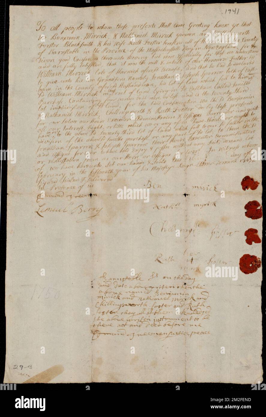 Deed of property in Eastham sold to Jonathan Sparrow and Joseph Sparrow ...