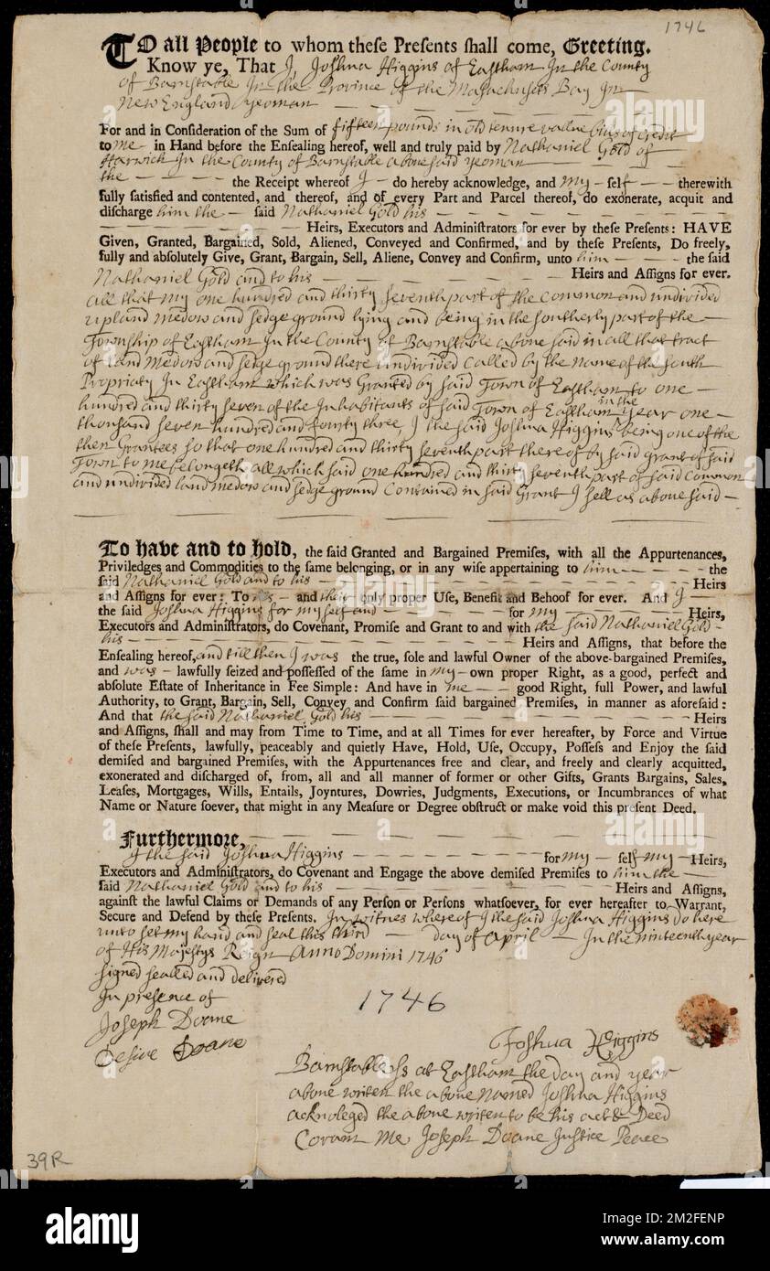 Deed of property in Eastham sold to Nathaniel Gold of Harwich by Joshua ...