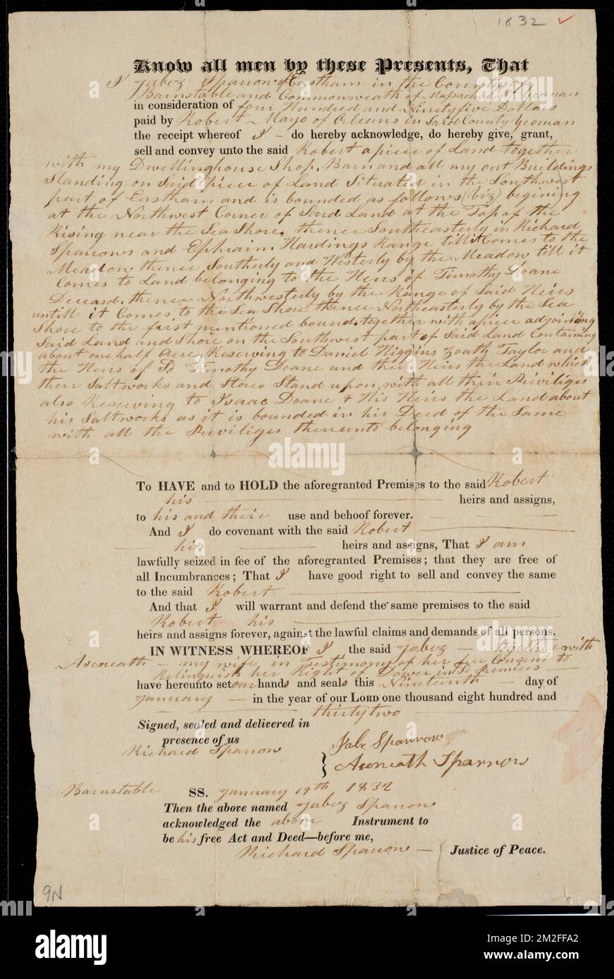 Deed of property in Eastham sold to Robert Mayo of Orleans by Jabez ...