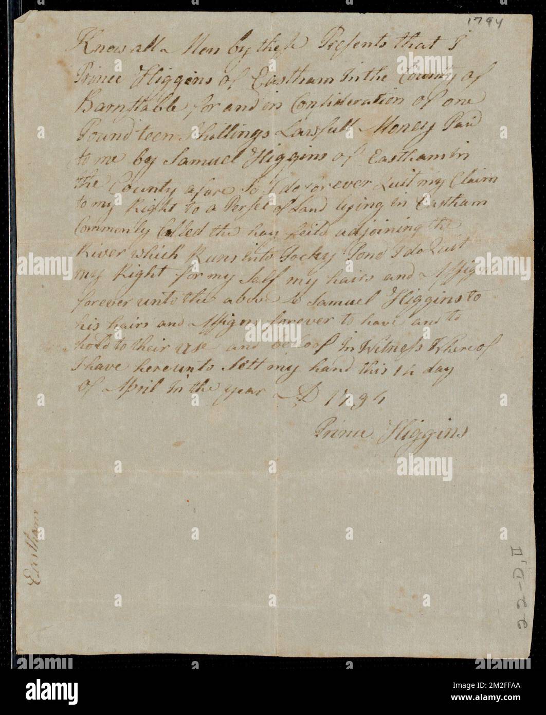 Deed of property in Eastham sold to Samuel Higgins of Eastham by Prince ...
