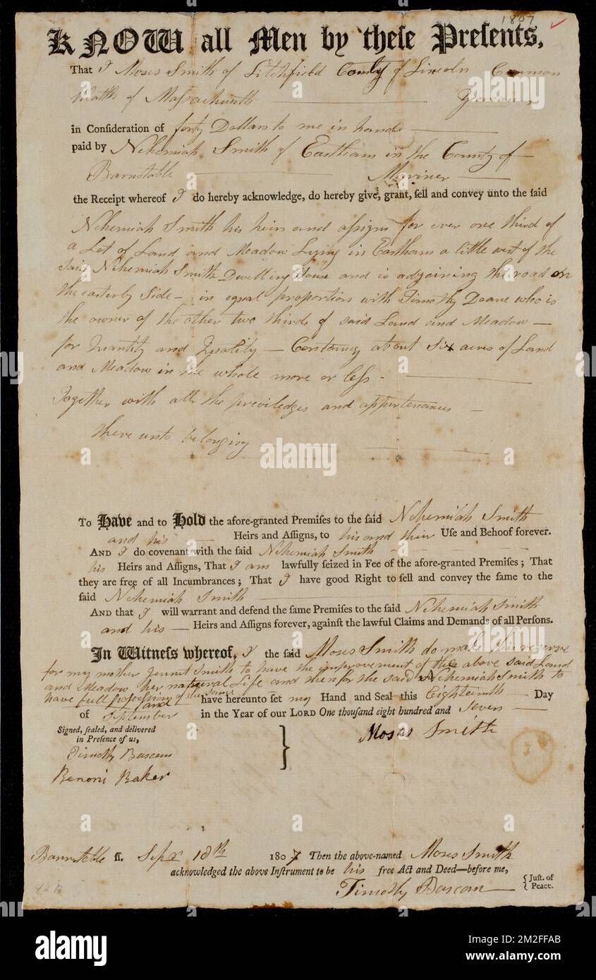 Deed of property in Eastham sold to Nehemiah Smith of Eastham by Moses ...