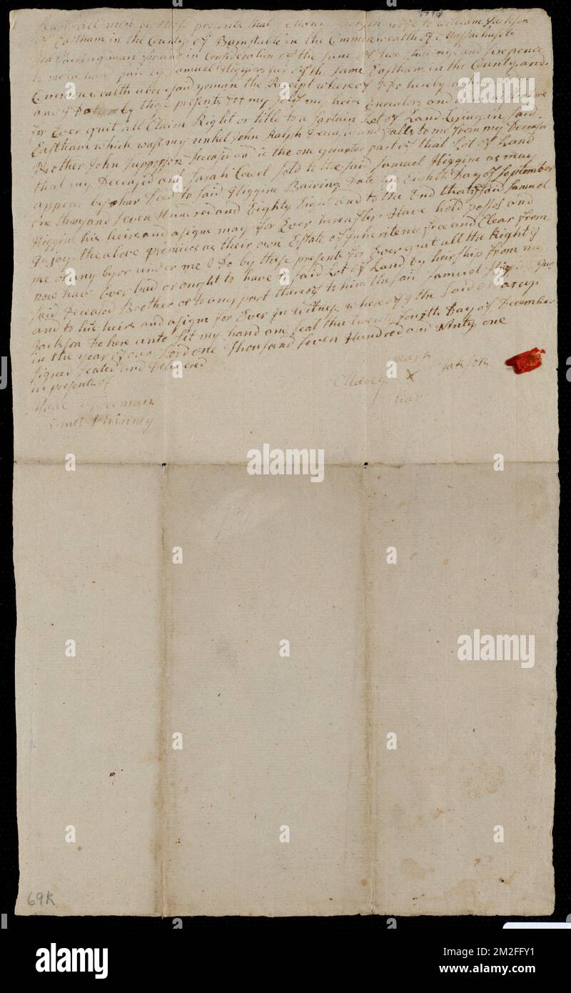 Deed of property in Eastham sold to Samuel Higgins of Eastham by Marcy ...