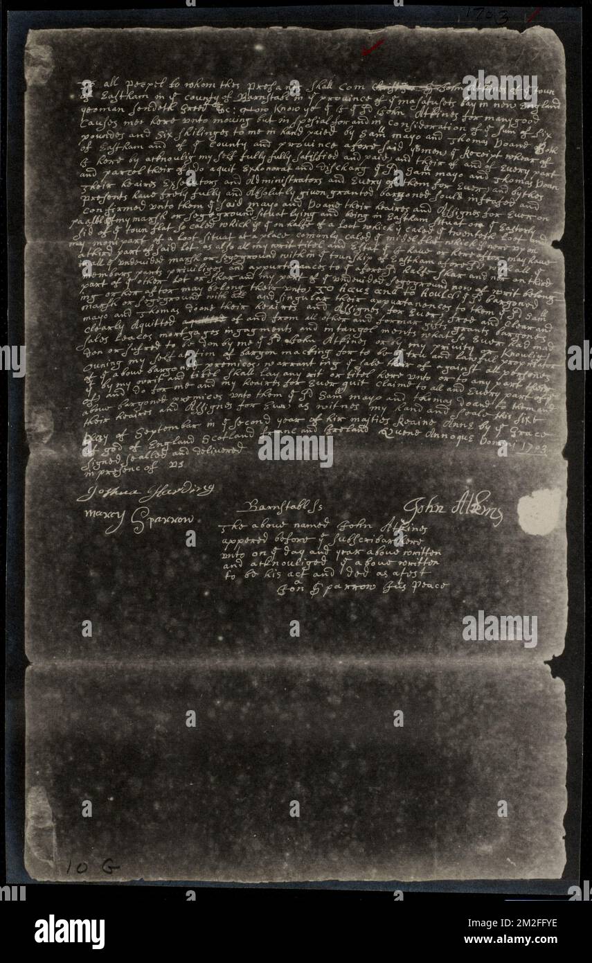 Deed of property in Eastham sold to Samuel Mayo and Thomas Donae of ...