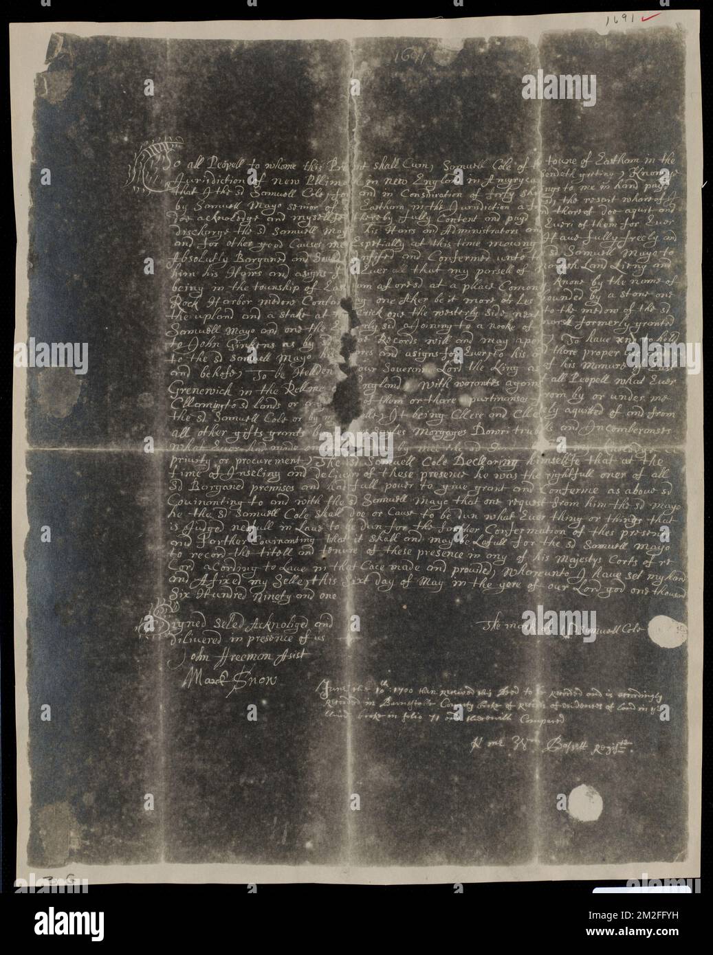 Deed of property in Eastham sold to Samuel Mayo Sr. of Eastham by ...