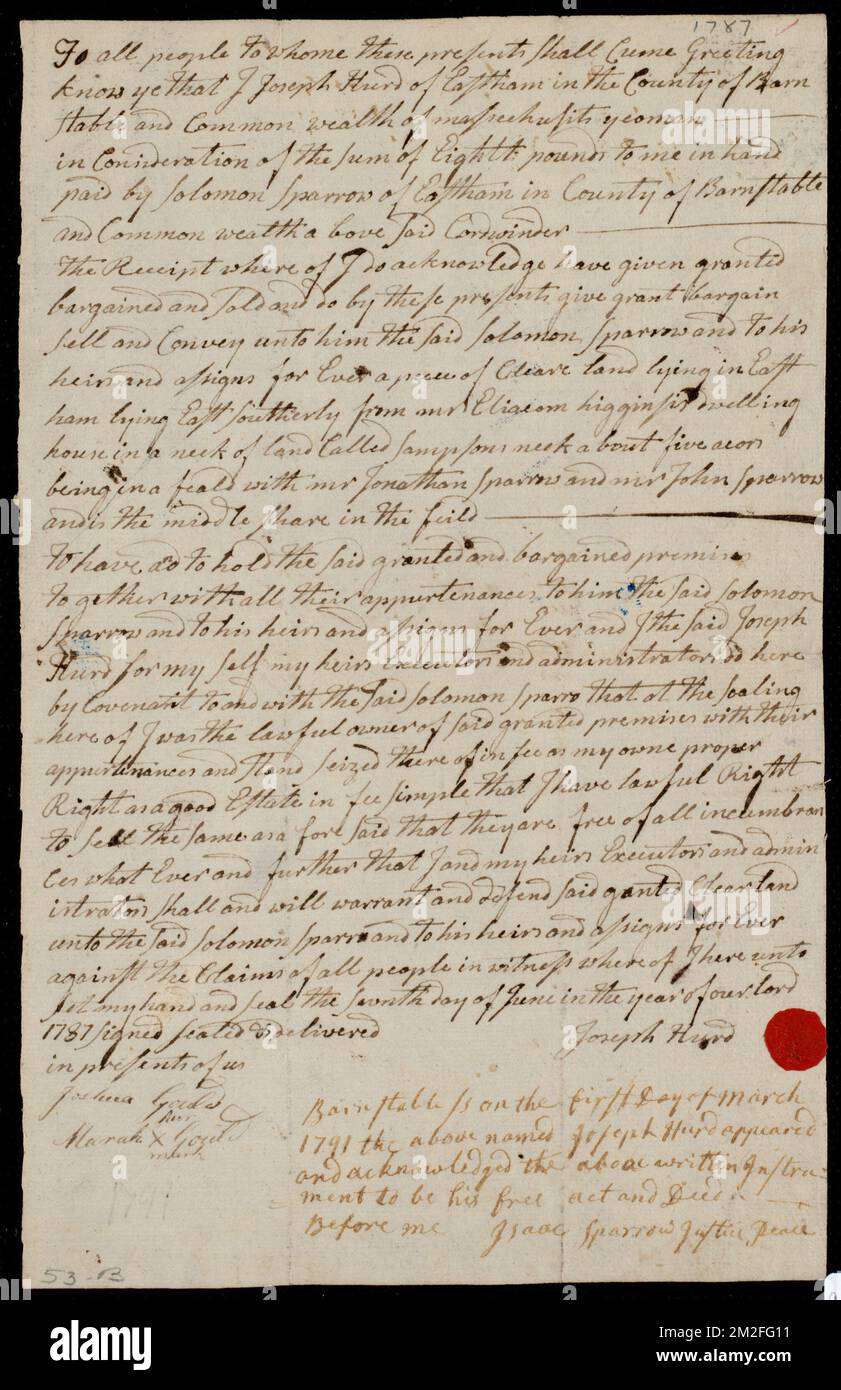 Deed of property in Eastham sold to Solomon Sparrow of Eastham by ...
